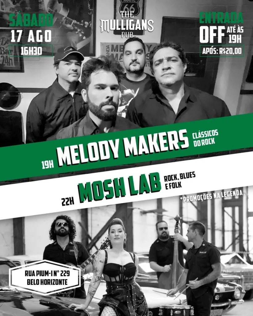Show de Rock em BH - Melody Makers | Mosh Lab – 17/08/2024 (Sábado) – The Mulligan’s